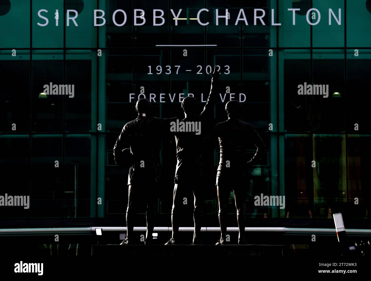 A view of The United Trinity Statue of Sir Bobby Charlton, Denis Law ...