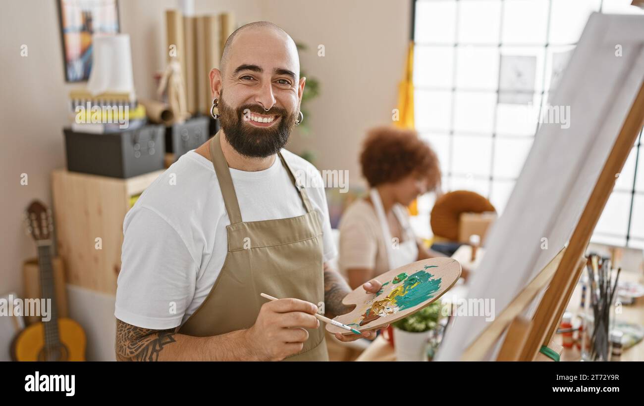 Two joyful artists confidently drawing, smiling and expressing their ...