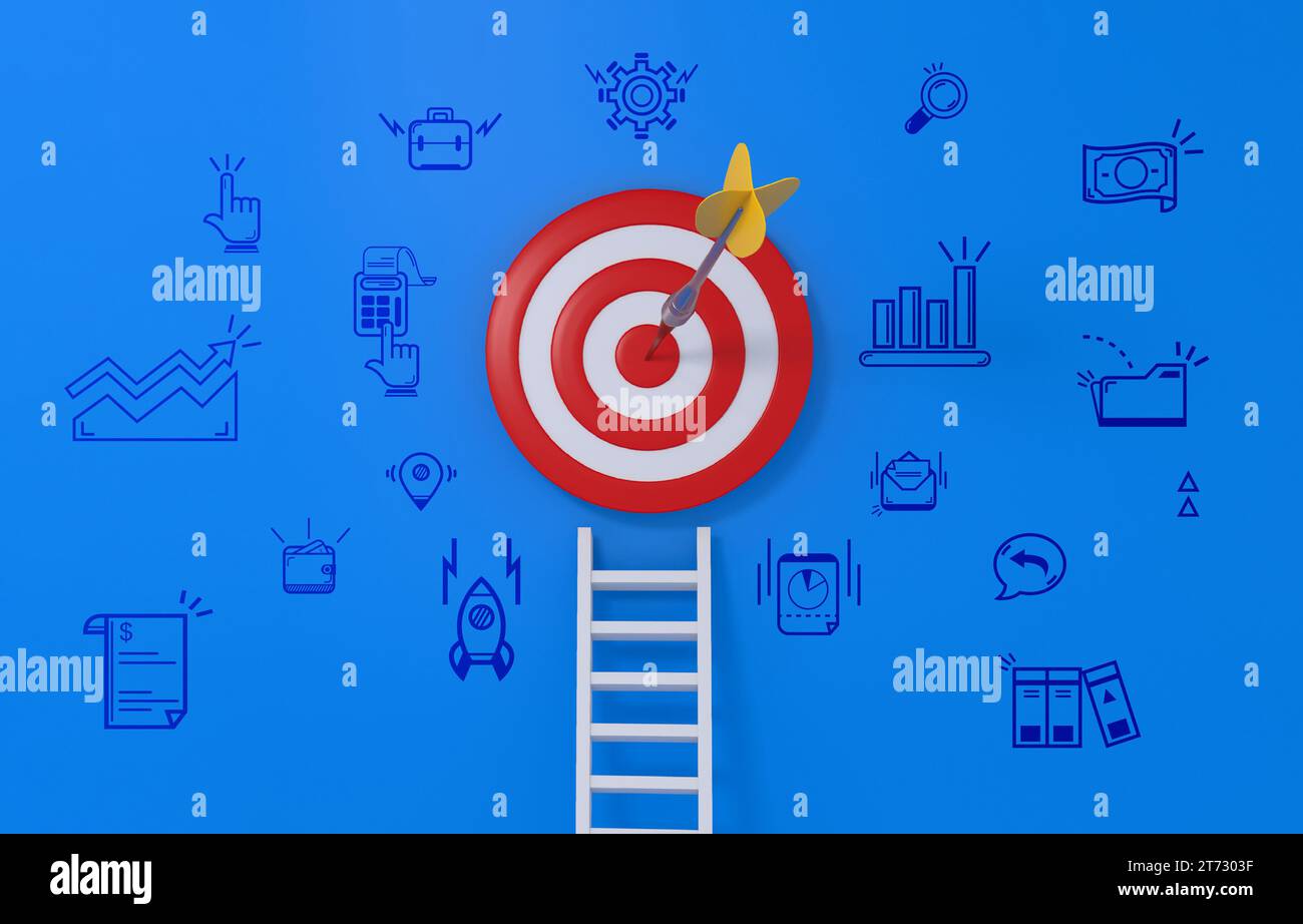 Ladder glowing and aiming high with business icons on blue background ...