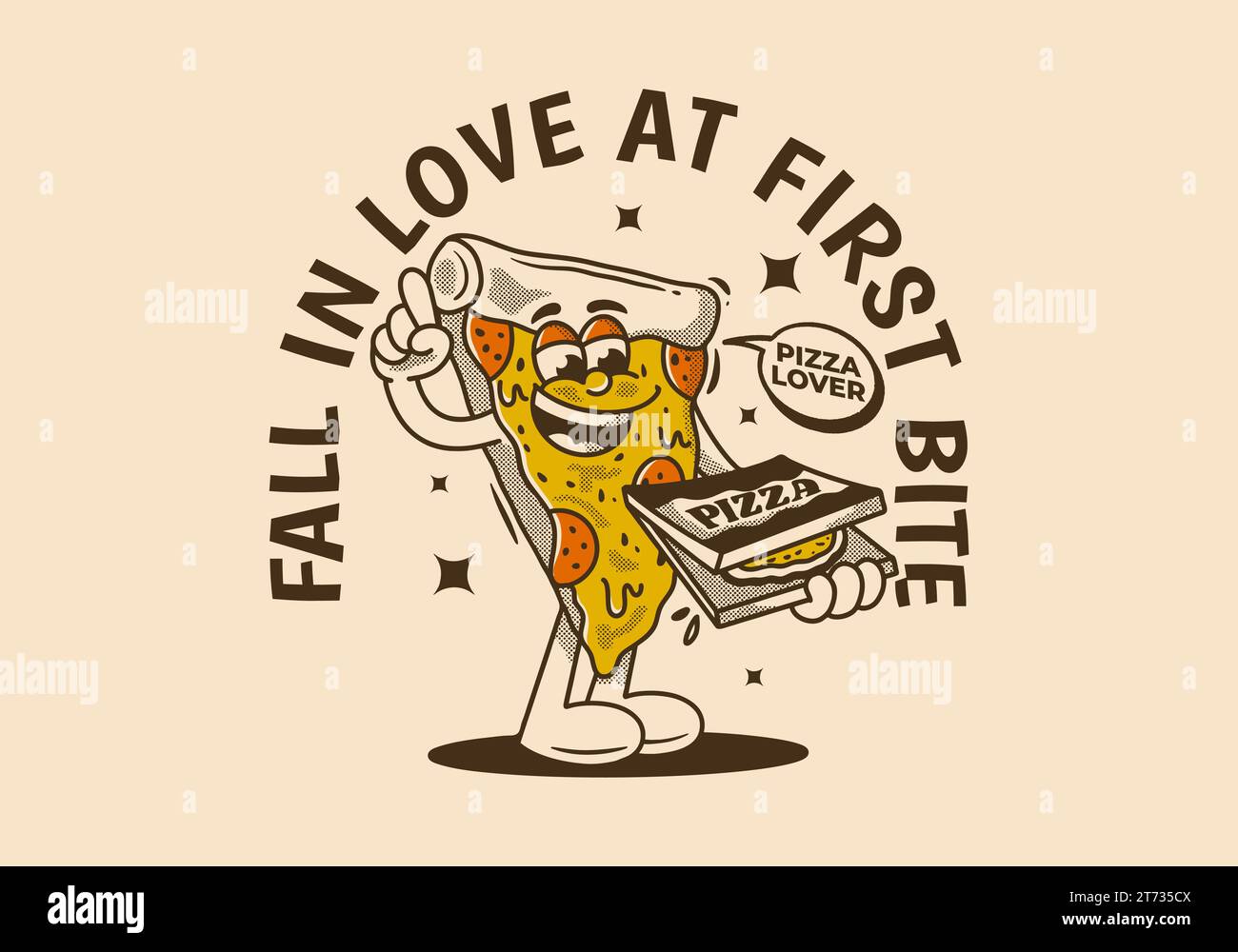 Fall in love at first bite. Mascot character of pizza holding a box ...