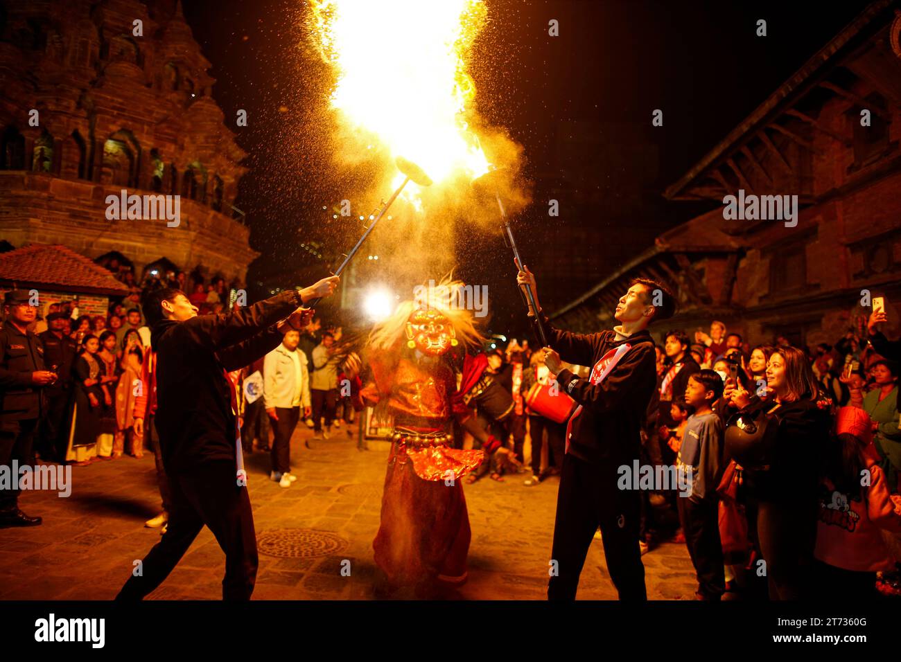 Lalitpur, Nepal. 13th Nov, 2023. A Lakhey performs a traditional dance ...