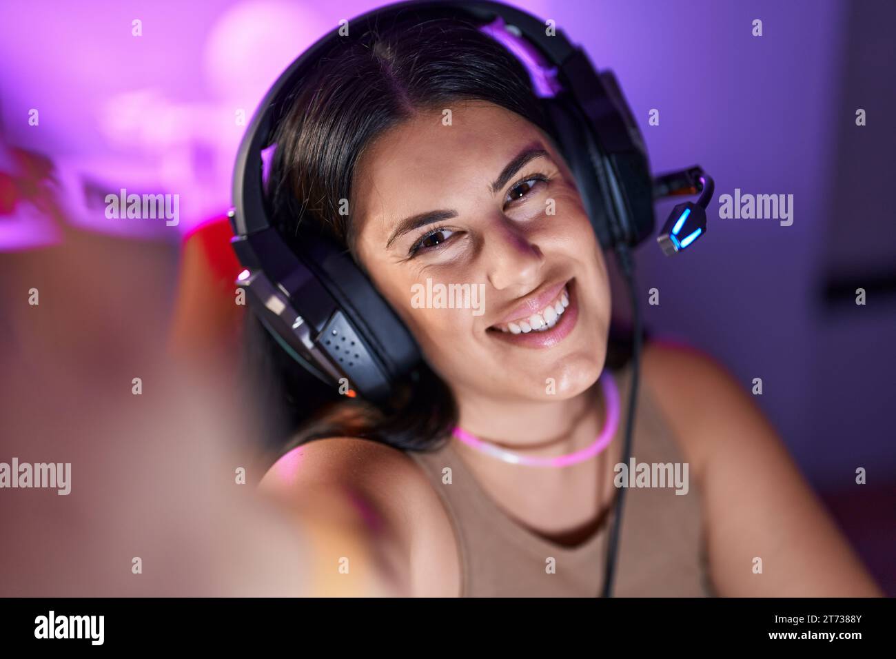 Young beautiful hispanic woman streamer smiling confident make selfie ...