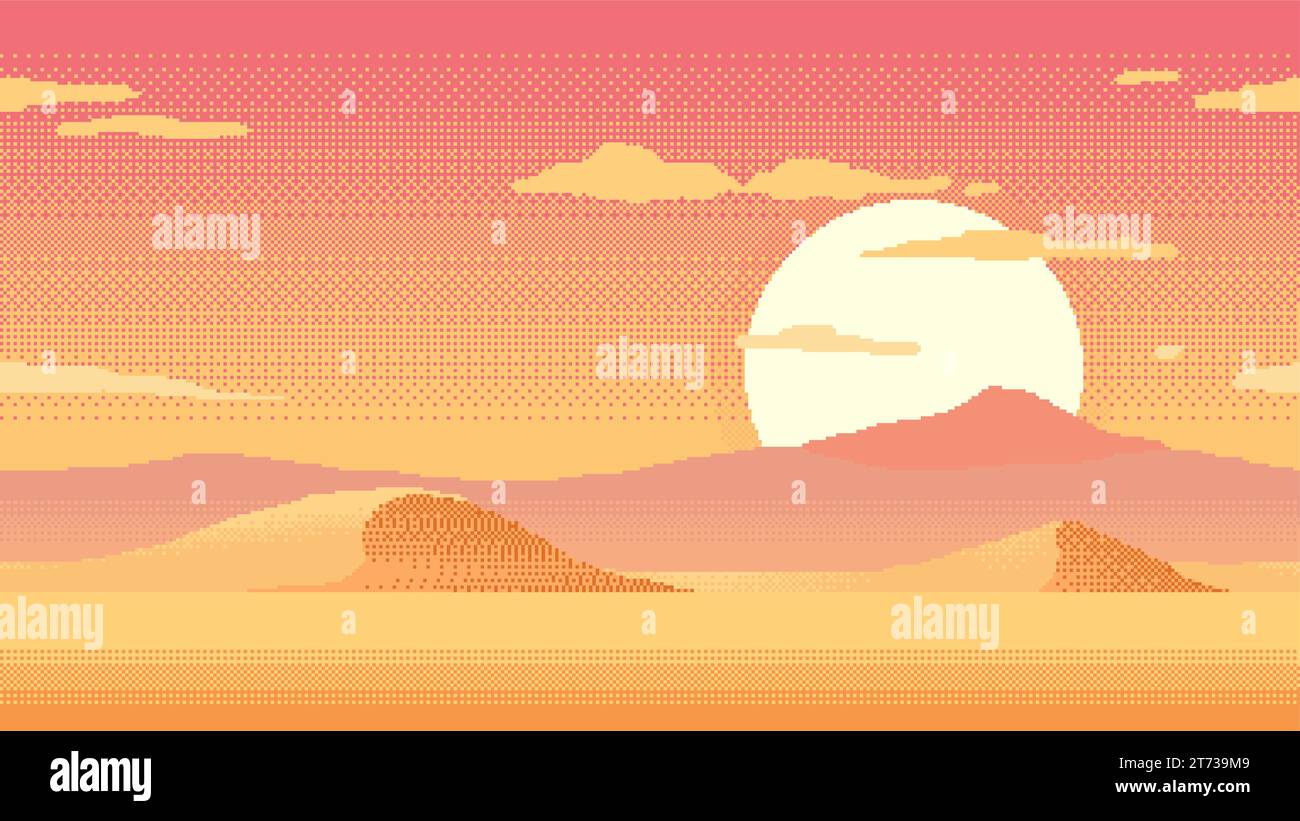 Pixel art desert landscape. 8-bit video game arcade level with sand ...