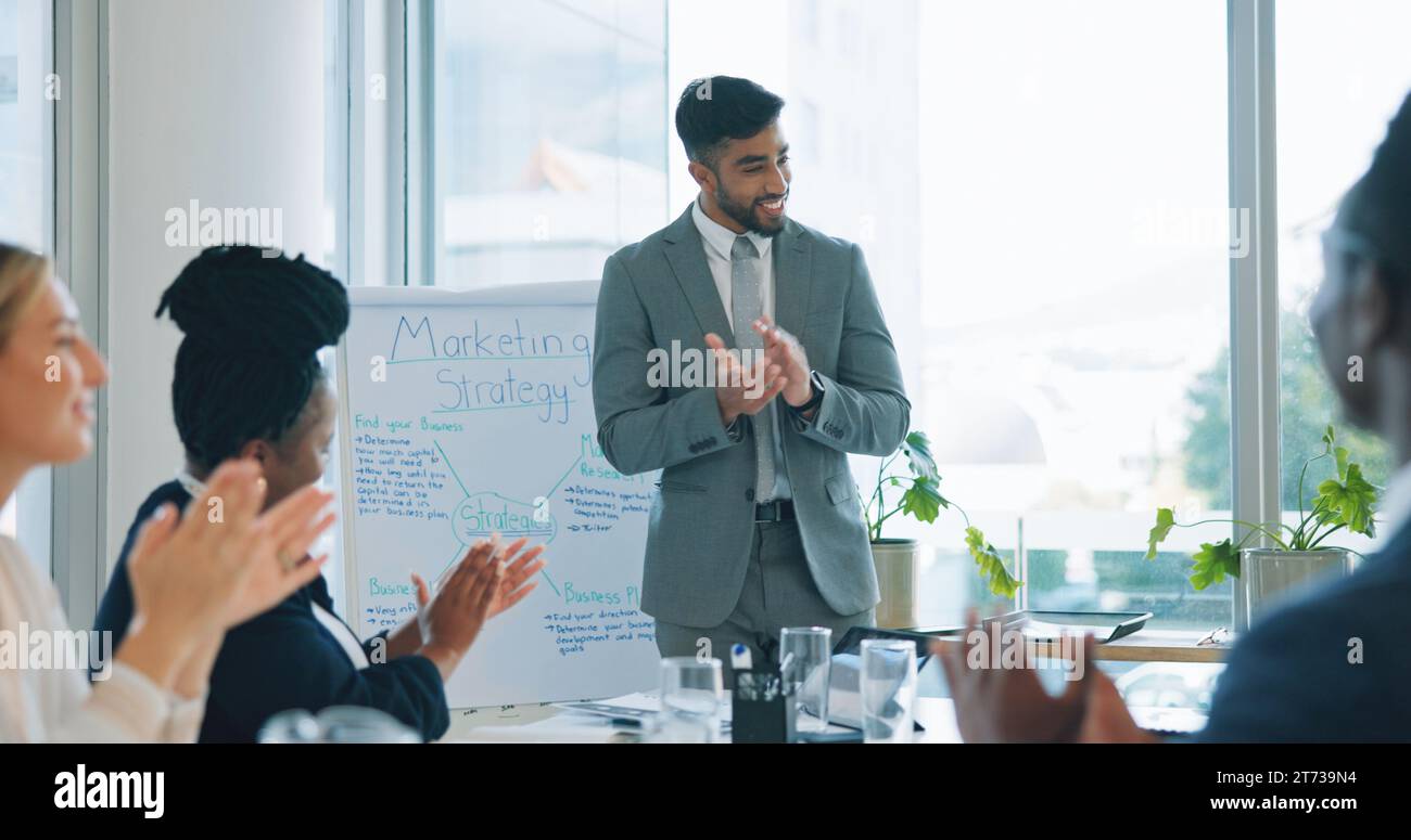 Business people presentation, happy man and celebration applause for ...