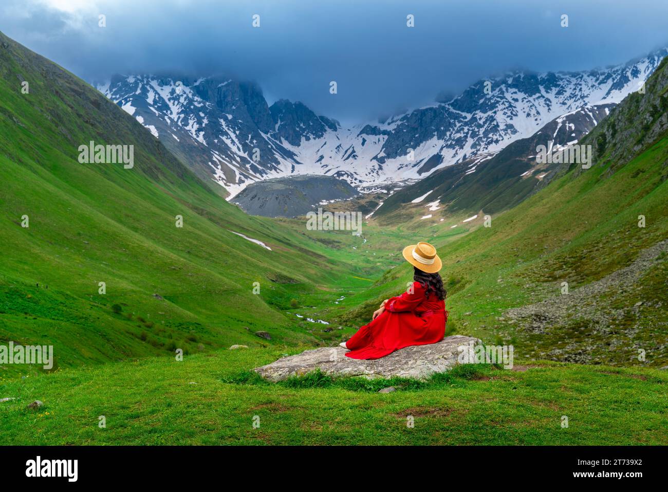 Tourist enjoy view of mountain valley landscape in Juta, Georgia Stock ...