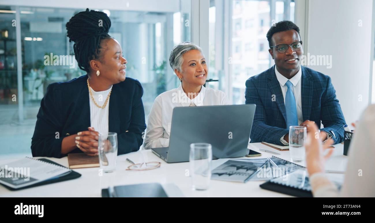 Corporate meeting, attention and professional people consulting, sales ...