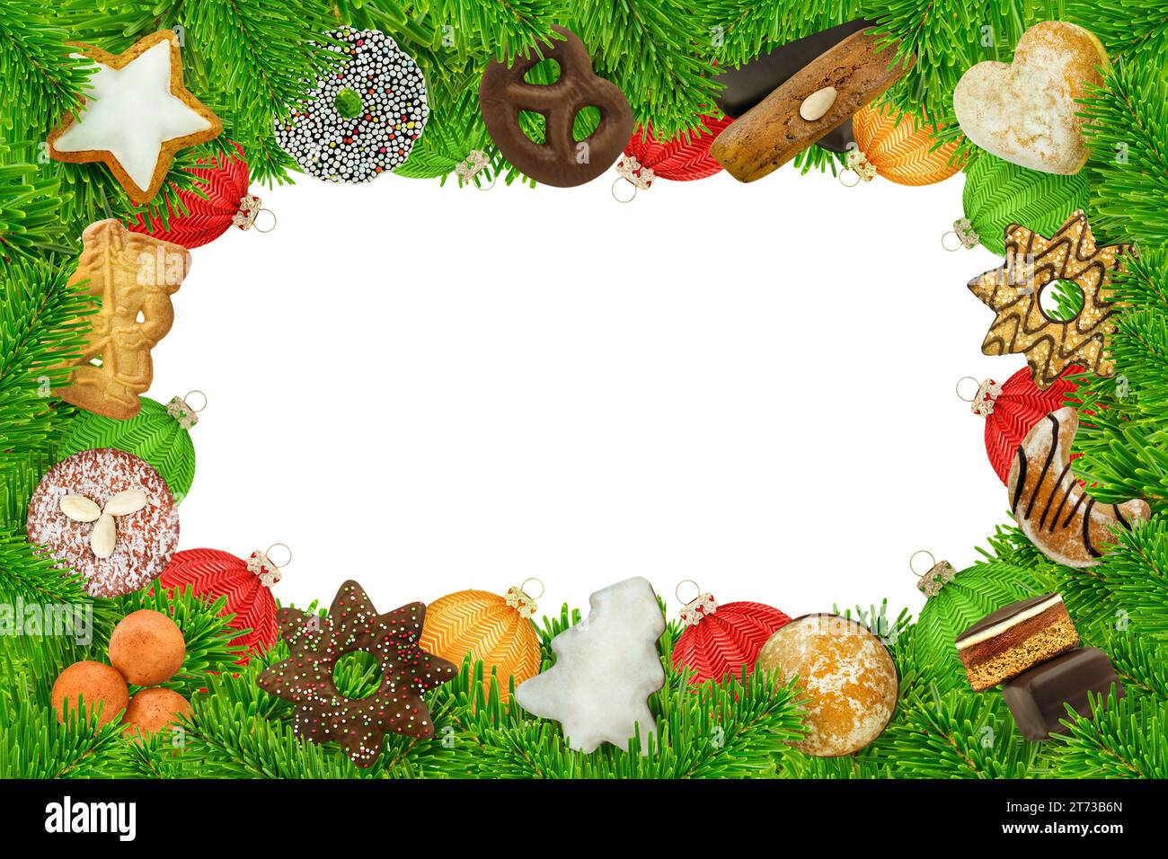 Frame and various Christmas sweets and cookies with fir branches and ...