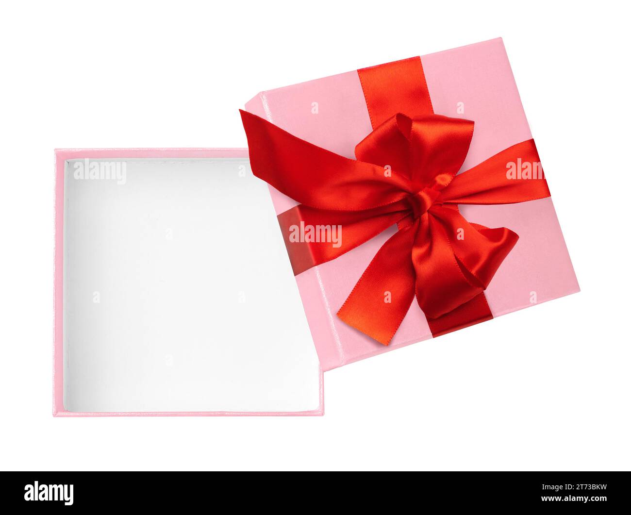 Pink open gift box with red bow and ribbon isolated on white Stock ...