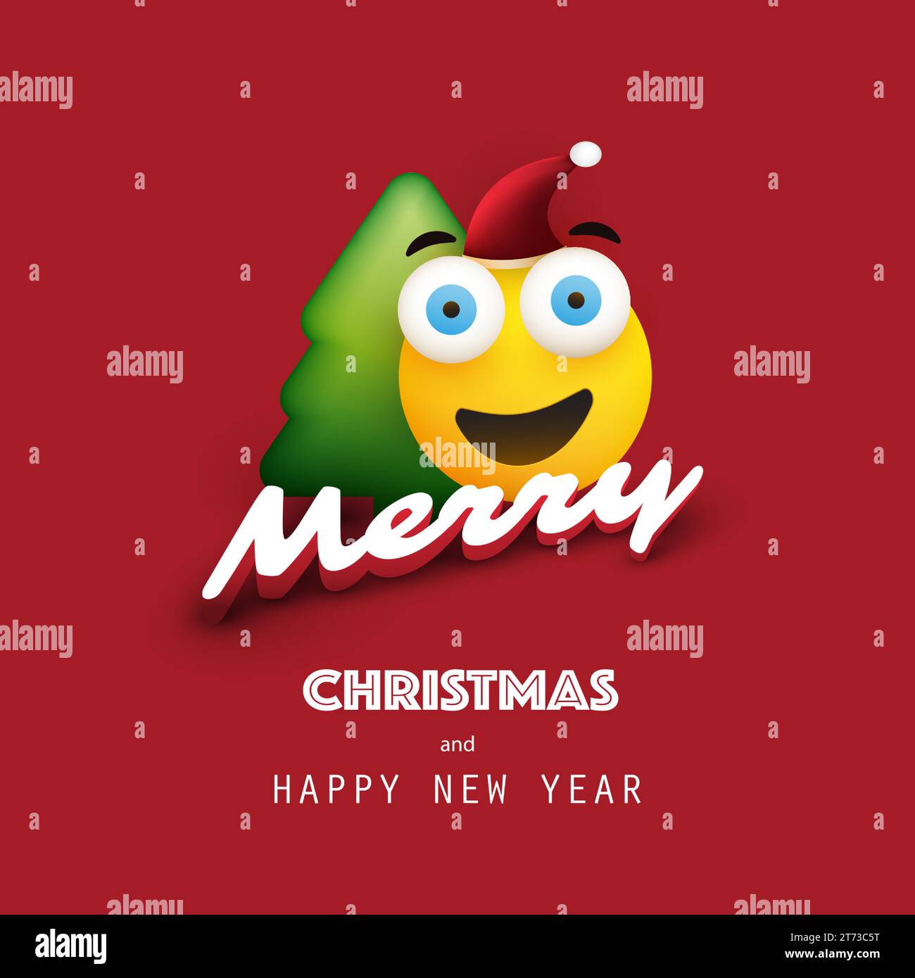 Merry Christmas Smiling Emoji With Red Santa Hat And Christmas Tree Card With Simple Happy
