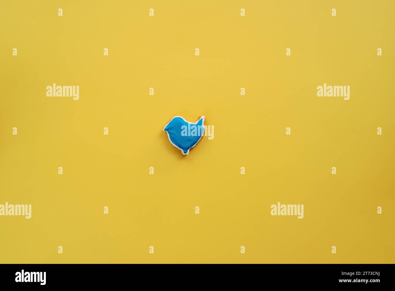 Glazed blue gingerbread bird lies in the center on a yellow background ...
