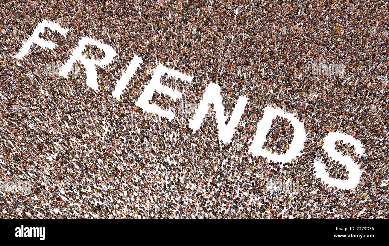 Conceptual large community of people forming the word FRIENDS. 3d ...