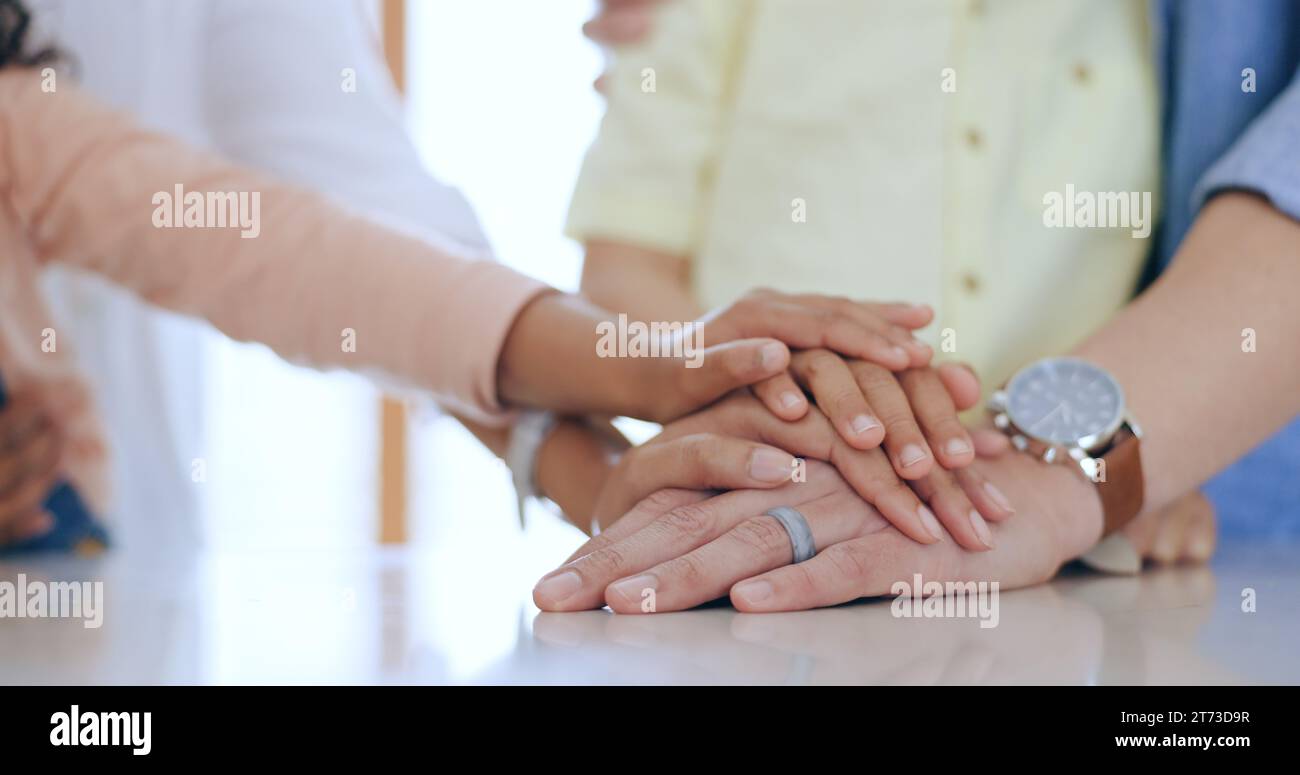 Family, hands together and holding with closeup in home for trust ...