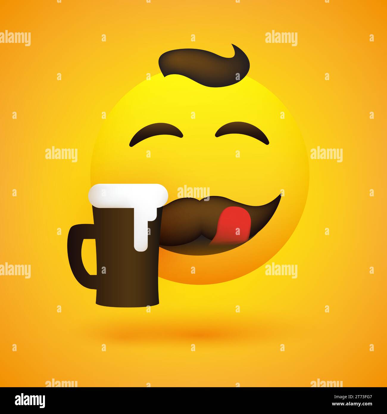 Smiling, Mouth Licking Male Emoji with Mustache, Hair and Beer Mug ...