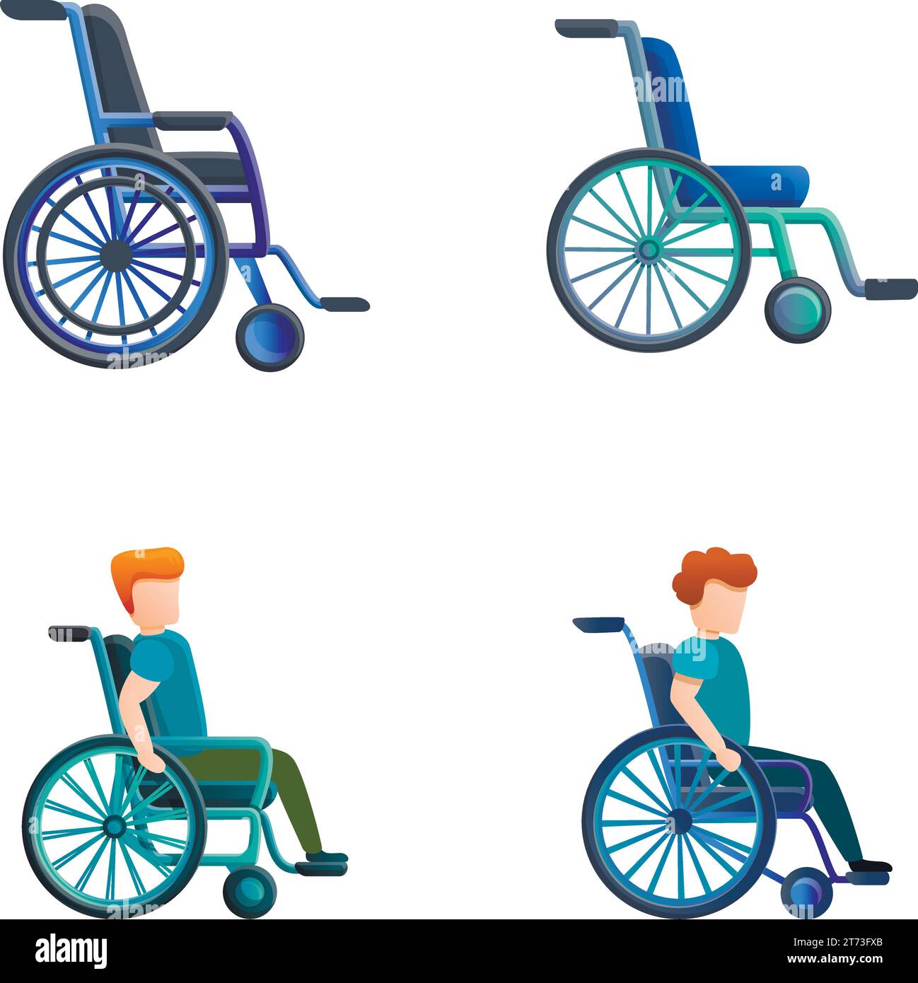 Disability icons set cartoon vector. Man sitting in wheelchair. Boy ...