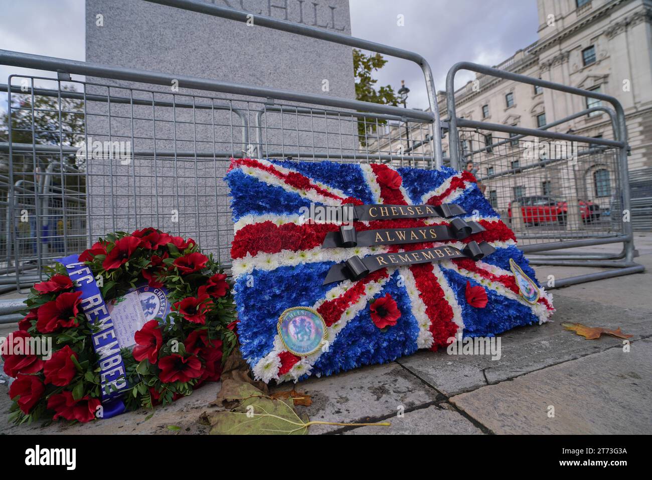 London, UK. 13 November 2023. A Union Jack memorial wreath has been ...