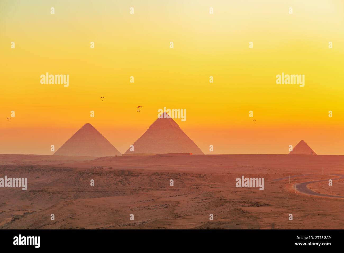 The Great Pyramids of Egypt at dawn. Desert landscape, the only ...