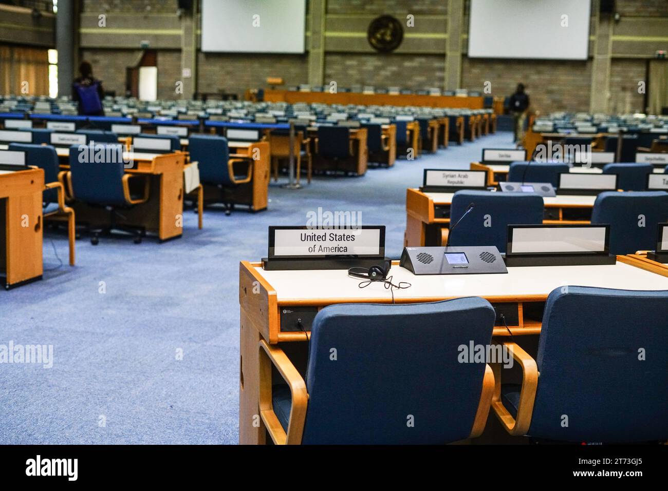 Workers ensure everything is in order at The UN conference hall before ...