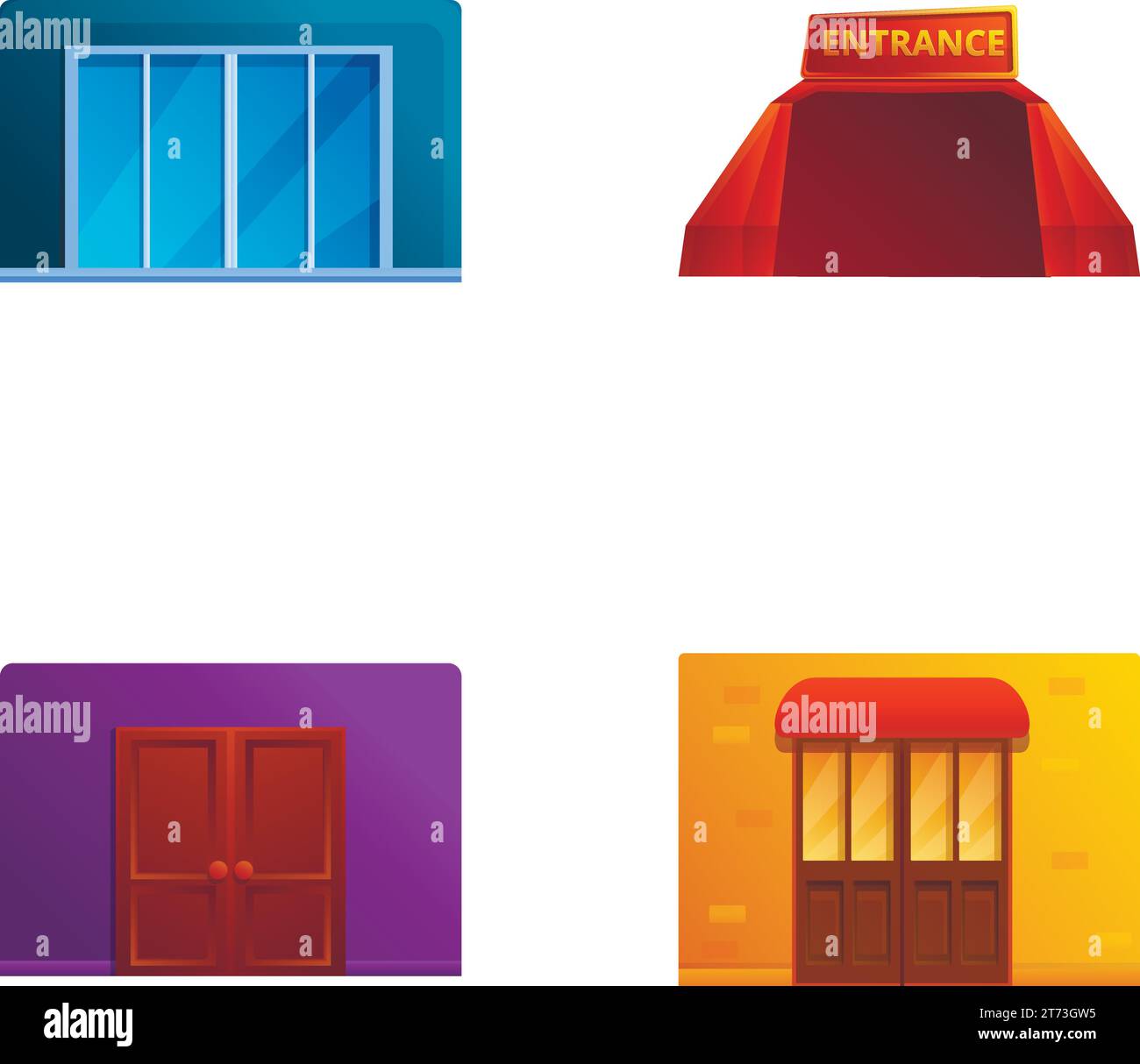 Entrance icons set cartoon vector. Glass and wooden entrance door ...