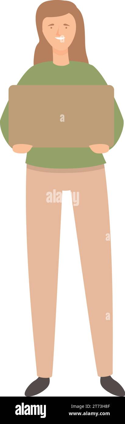 Woman holding carboard box icon cartoon vector. Happy lady. Carton ...