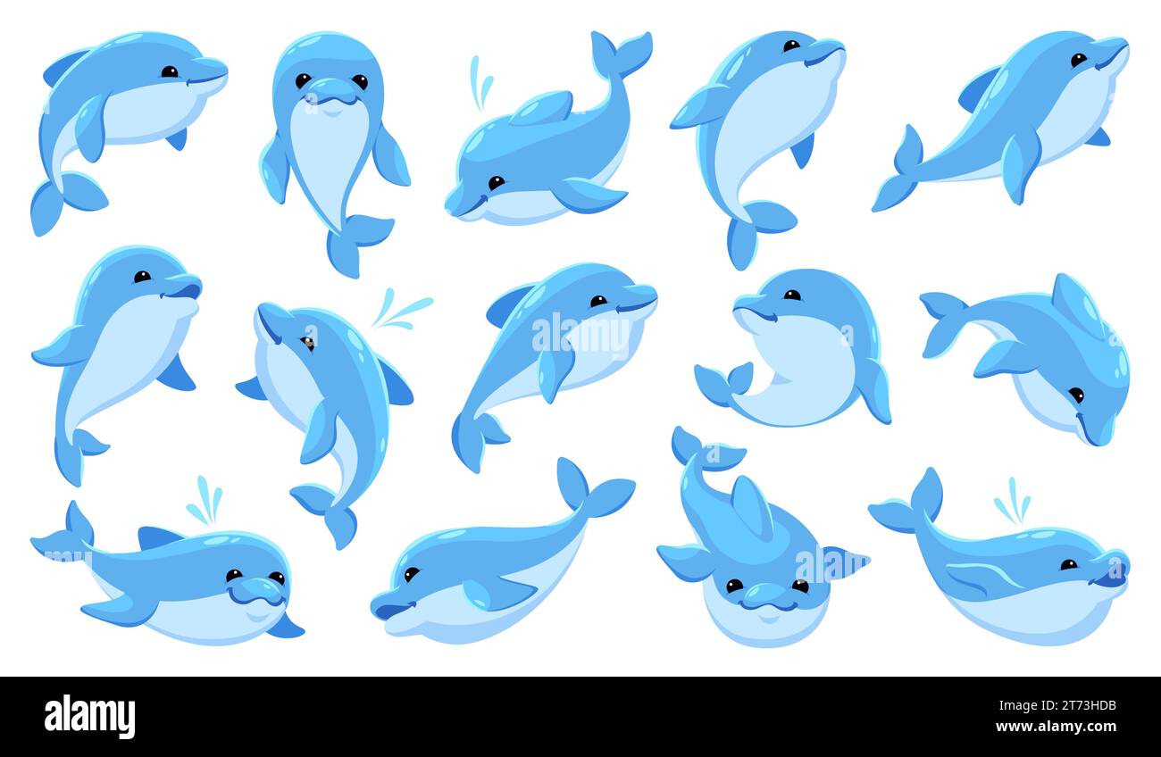 Cartoon dolphin characters. Cute funny marine animal, different swim ...