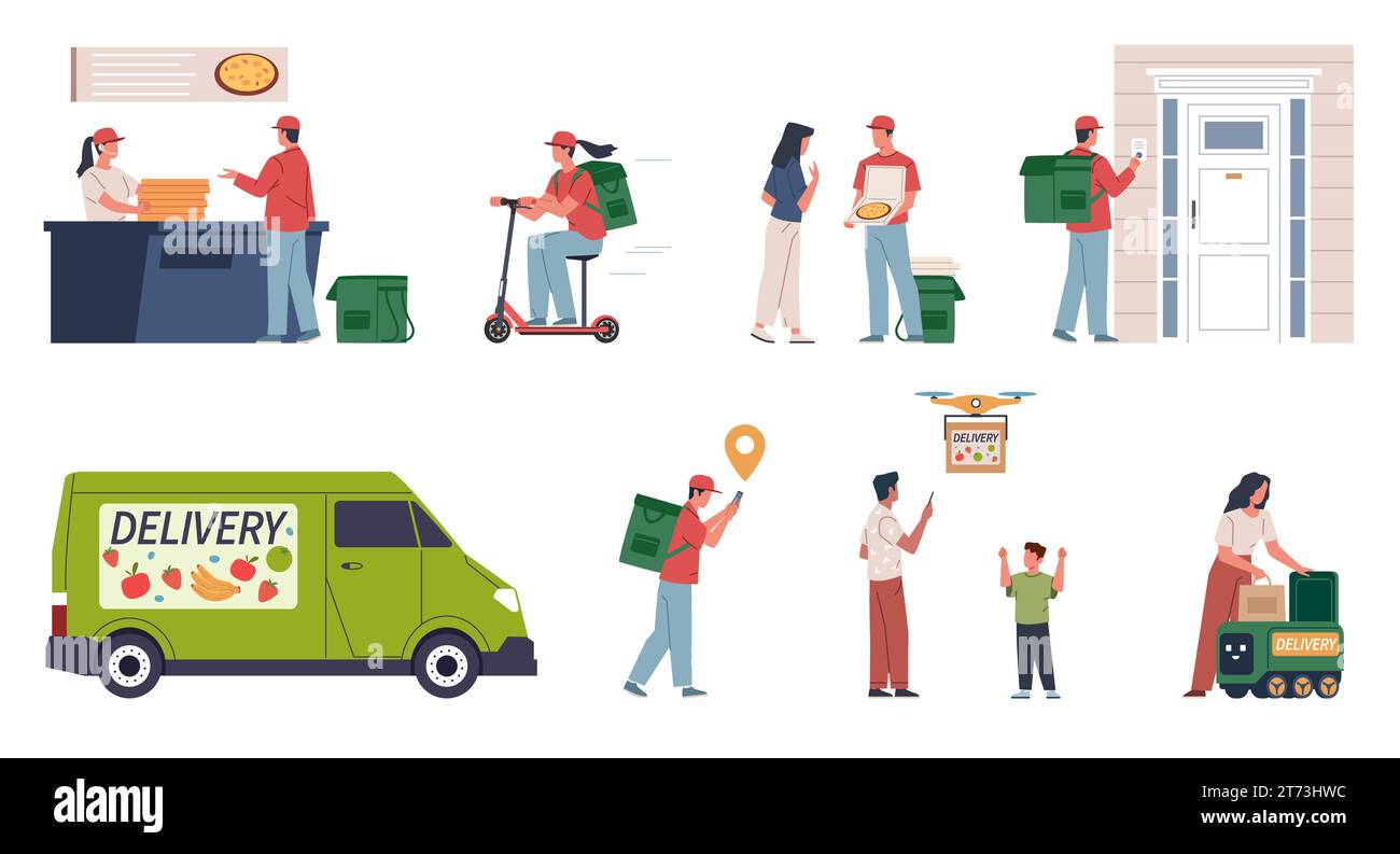 Delivery service couriers. People order food and groceries from shops ...