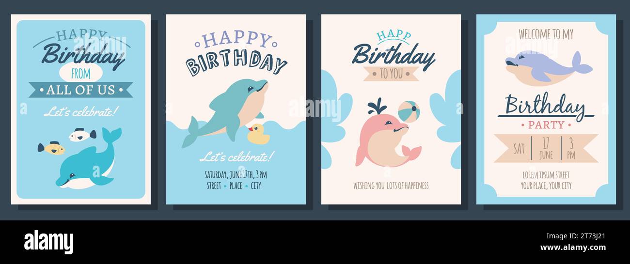 Kids birthday cards with cute dolphins. Childish holiday invitational ...