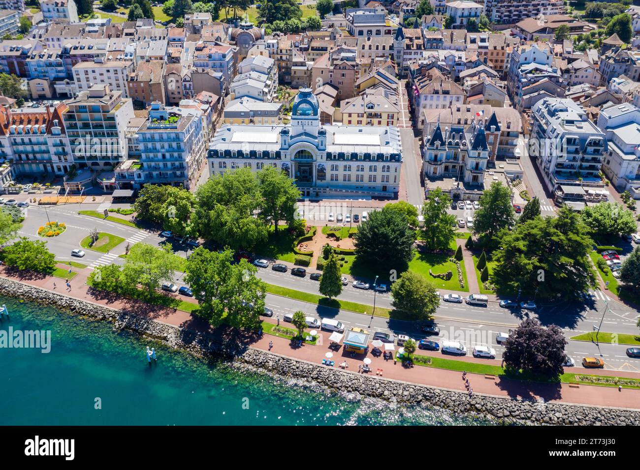 Aerial view of Evian (Evian-Les-Bains) city in Haute-Savoie in France ...