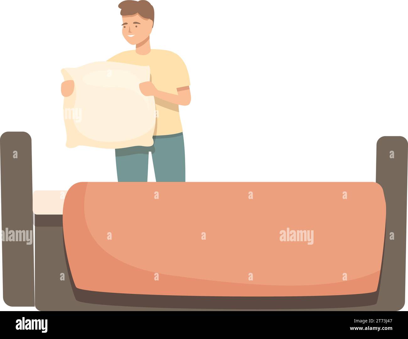 Man making sleeping bed icon cartoon vector. Housekeeping daily routine ...