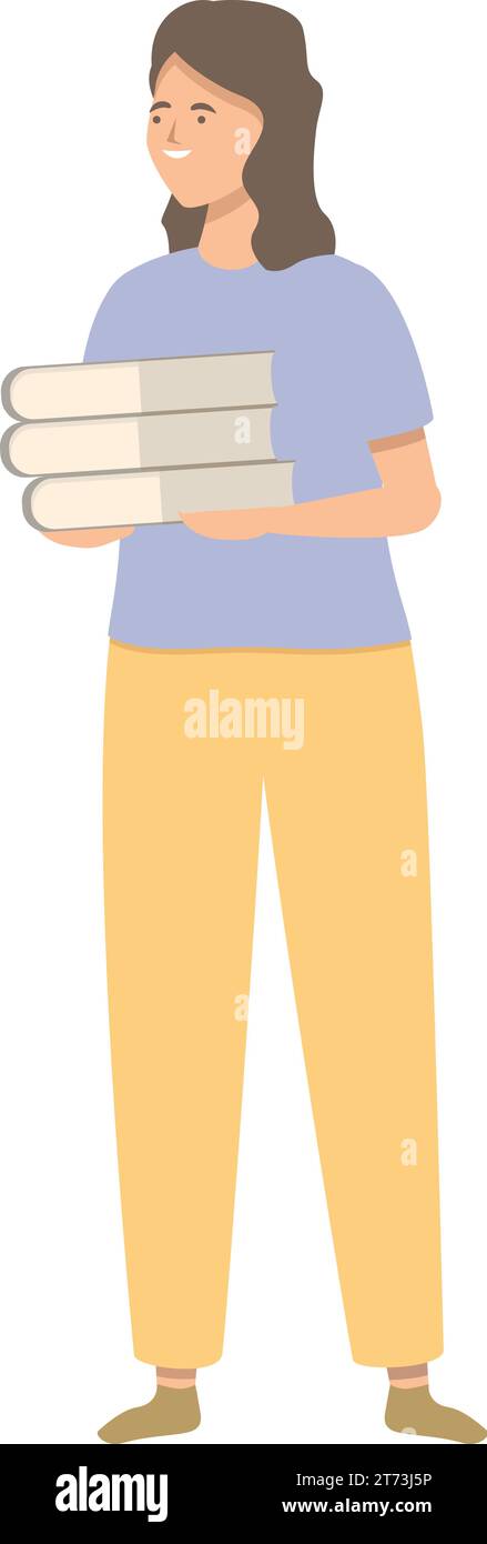 Woman holding stack of books icon cartoon vector. Organize home library ...