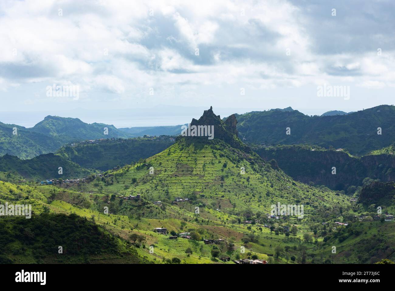 Mountainous green Santiago Island landscape in rain season - Cape Verde ...
