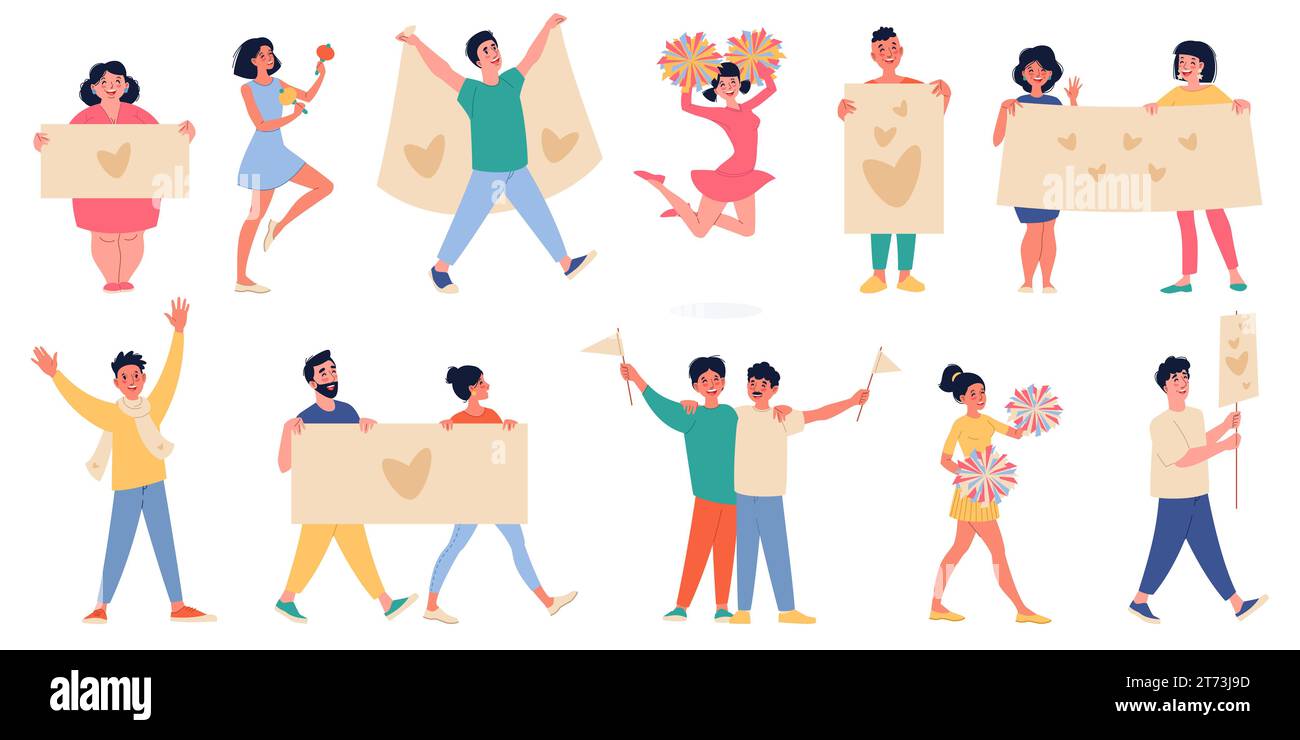 Peaceful parade participants. Happy people with flags, banners and ...