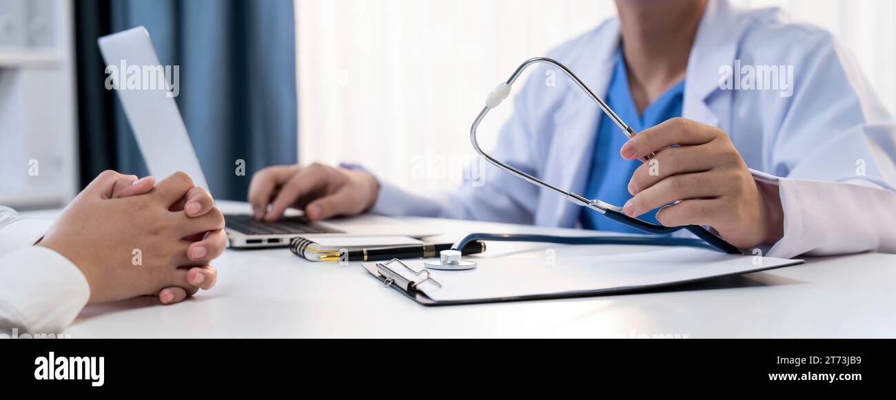 Patient attend doctor's appointment at clinic or hospital office ...