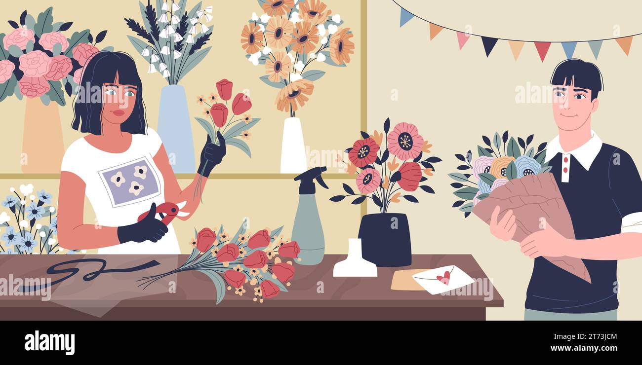Work florist creating flower bouquet Stock Vector Images - Alamy