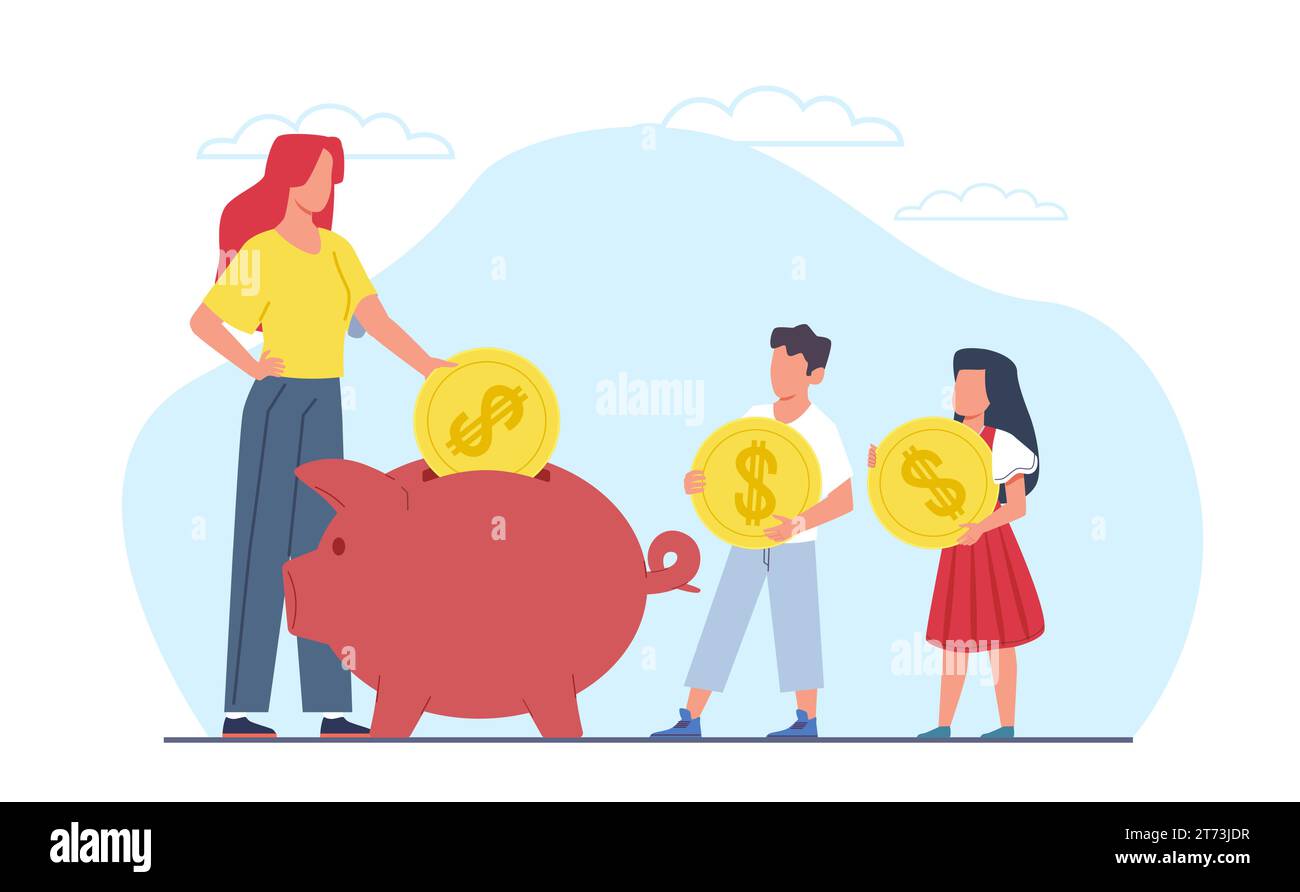Teaching family budget planning, mother and children putting coins in ...