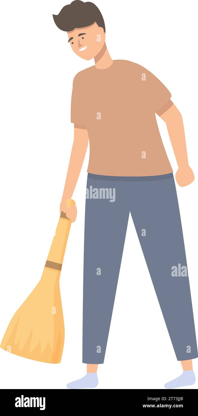 Man with sweeping broom icon cartoon vector. Cleaning house roof ...