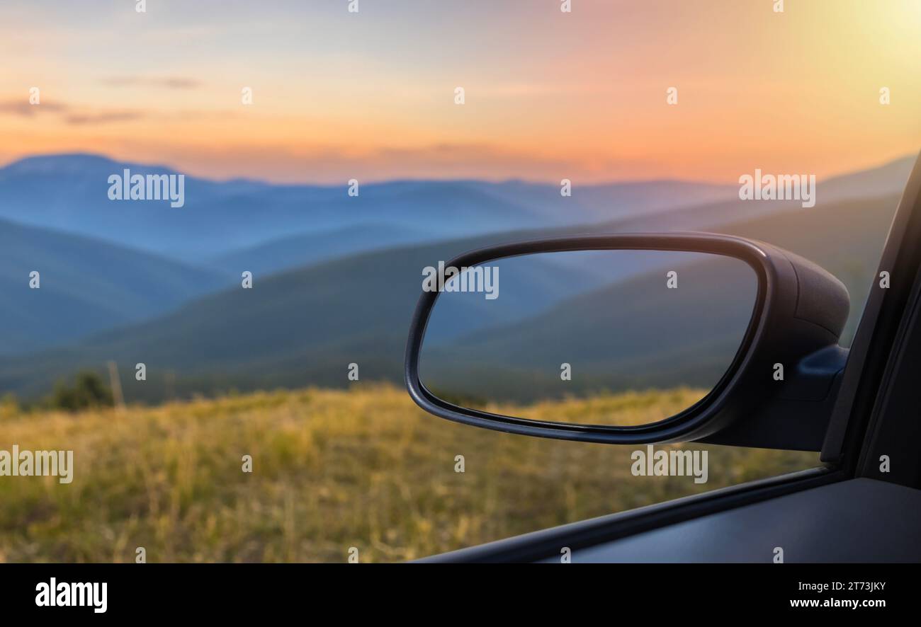 Landscape in the sideview mirror of a car , on road countryside Stock ...