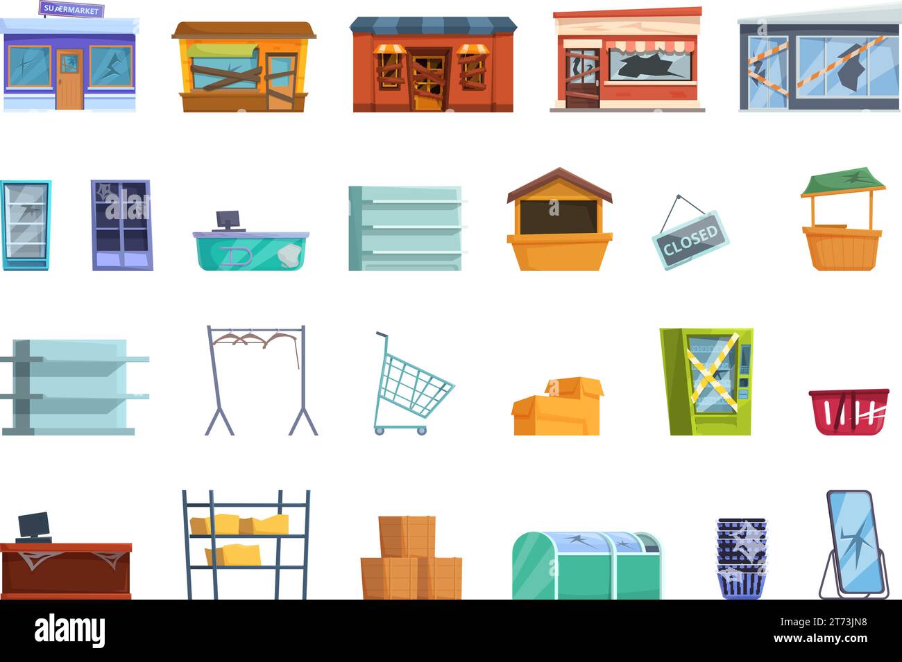 Abandoned store icons set cartoon vector. Broken street market. Mess ...