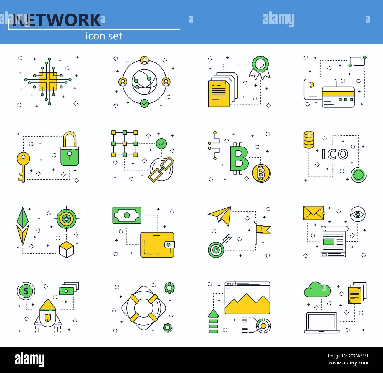 Vector set of blockchain technology and cryptocurrency icons in thin ...