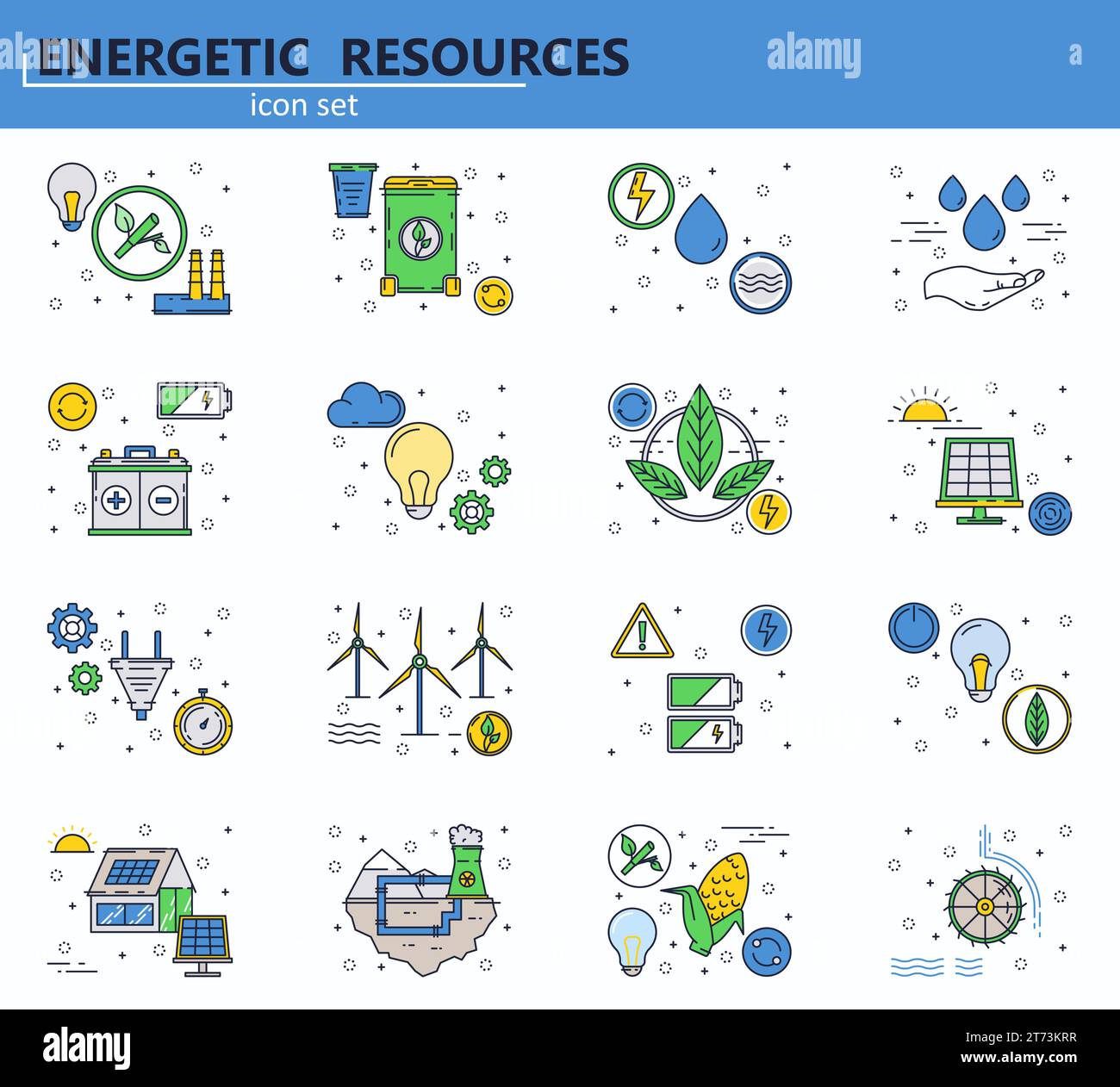 Vector set of renewable energy sources and power plants icons in thin ...