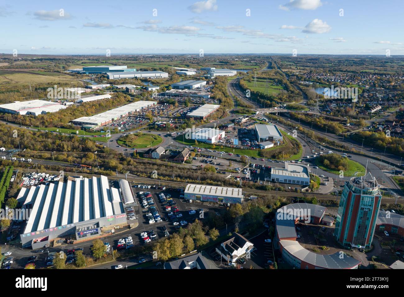 Aerial view of Cannock adjacent to the M6 Toll, where a lot of reatil ...