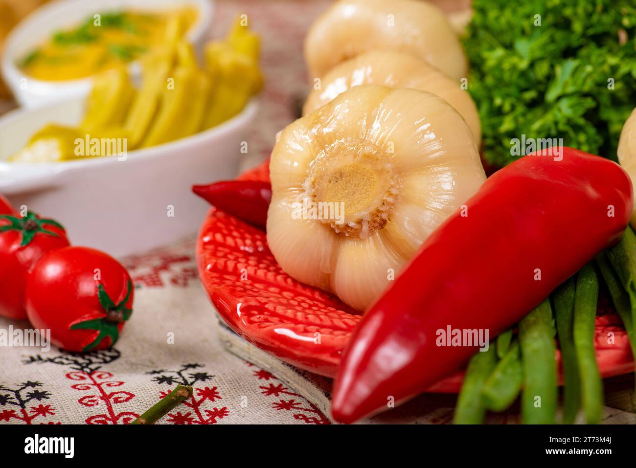 Salty garlic, hot pepper, greens and other traditional Russian pickles ...