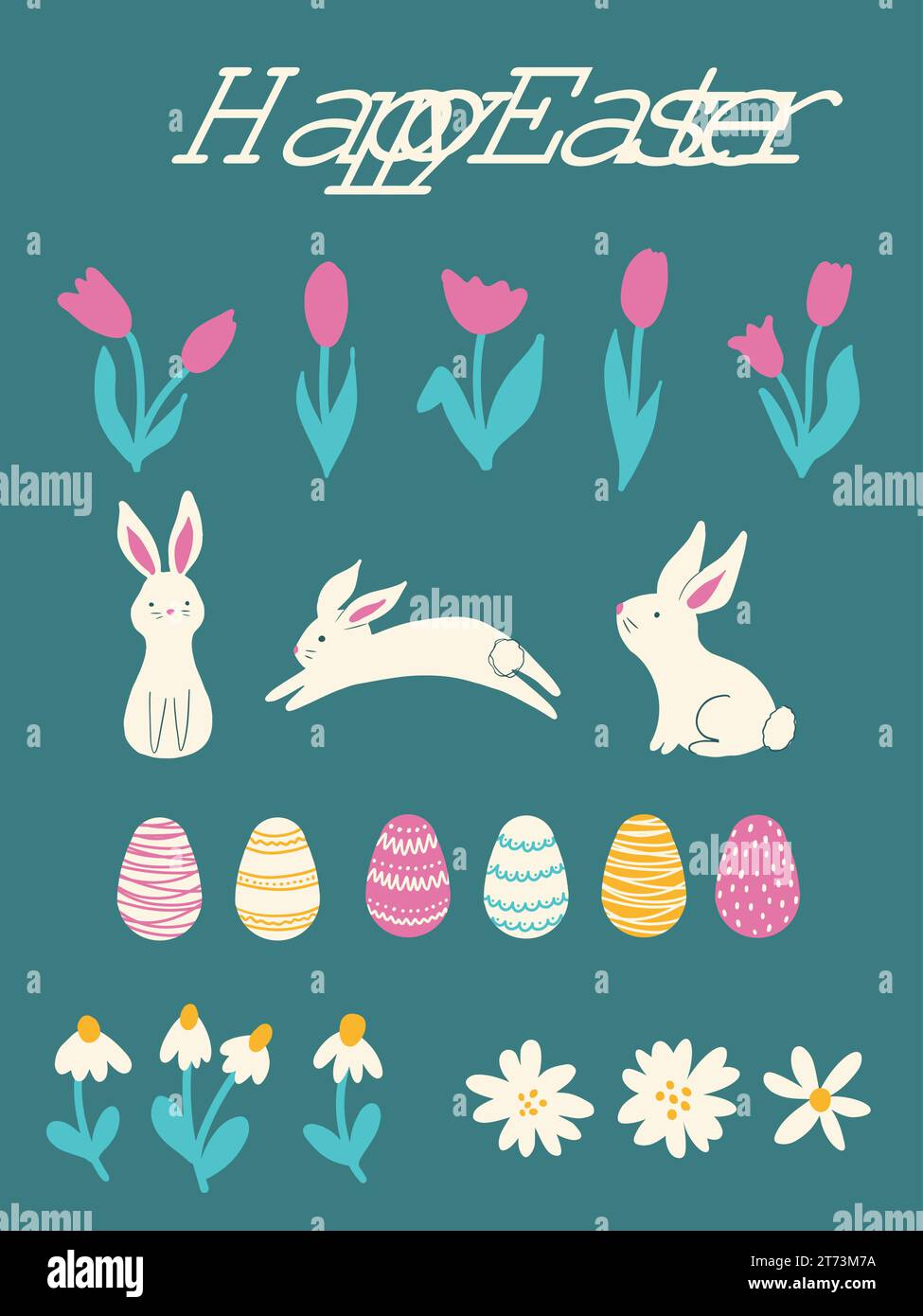 Vector Easter clipart set, spring flowers, decorated eggs, white ...