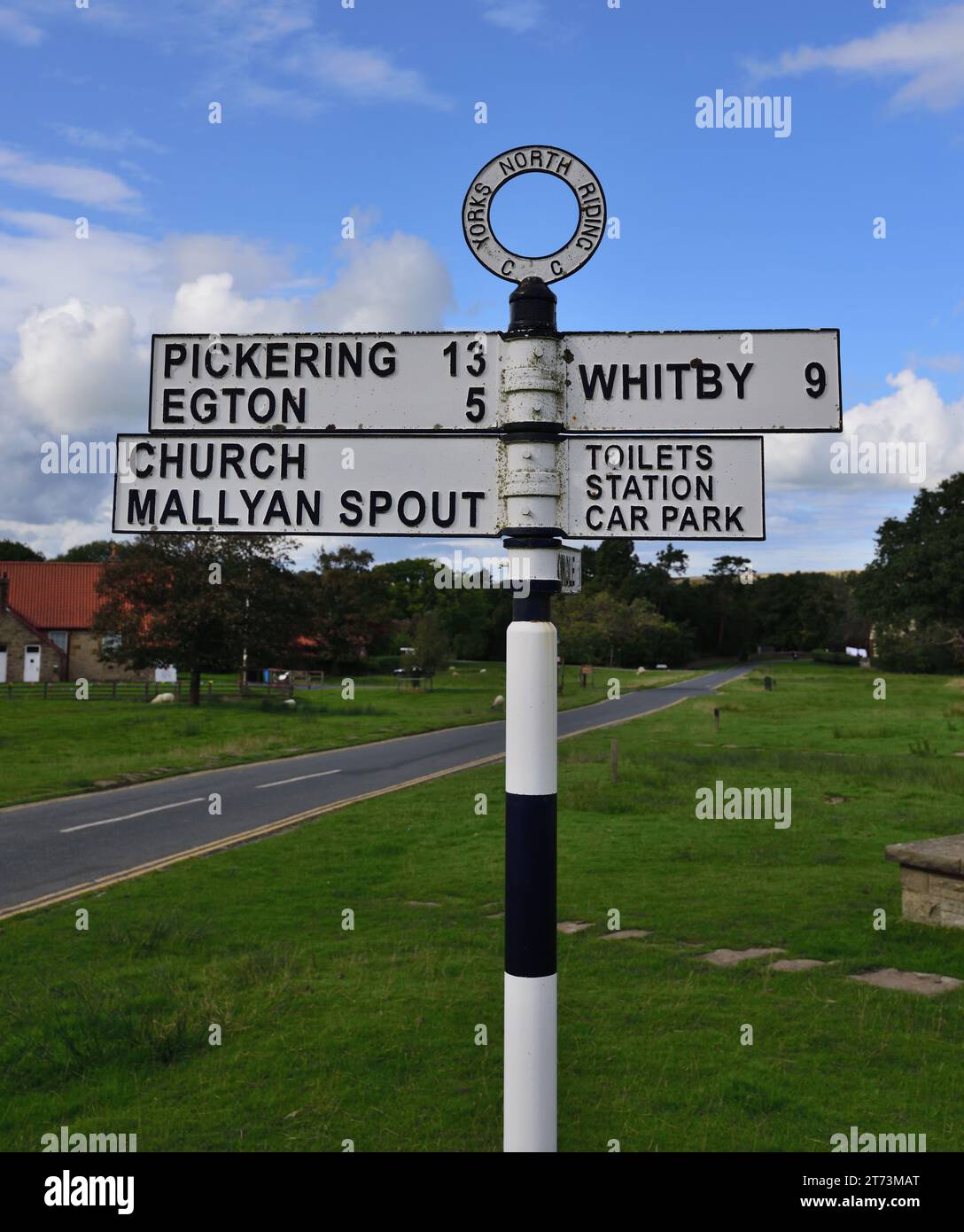 Signpost on the village green at Goathland, North Yorkshire Stock Photo ...
