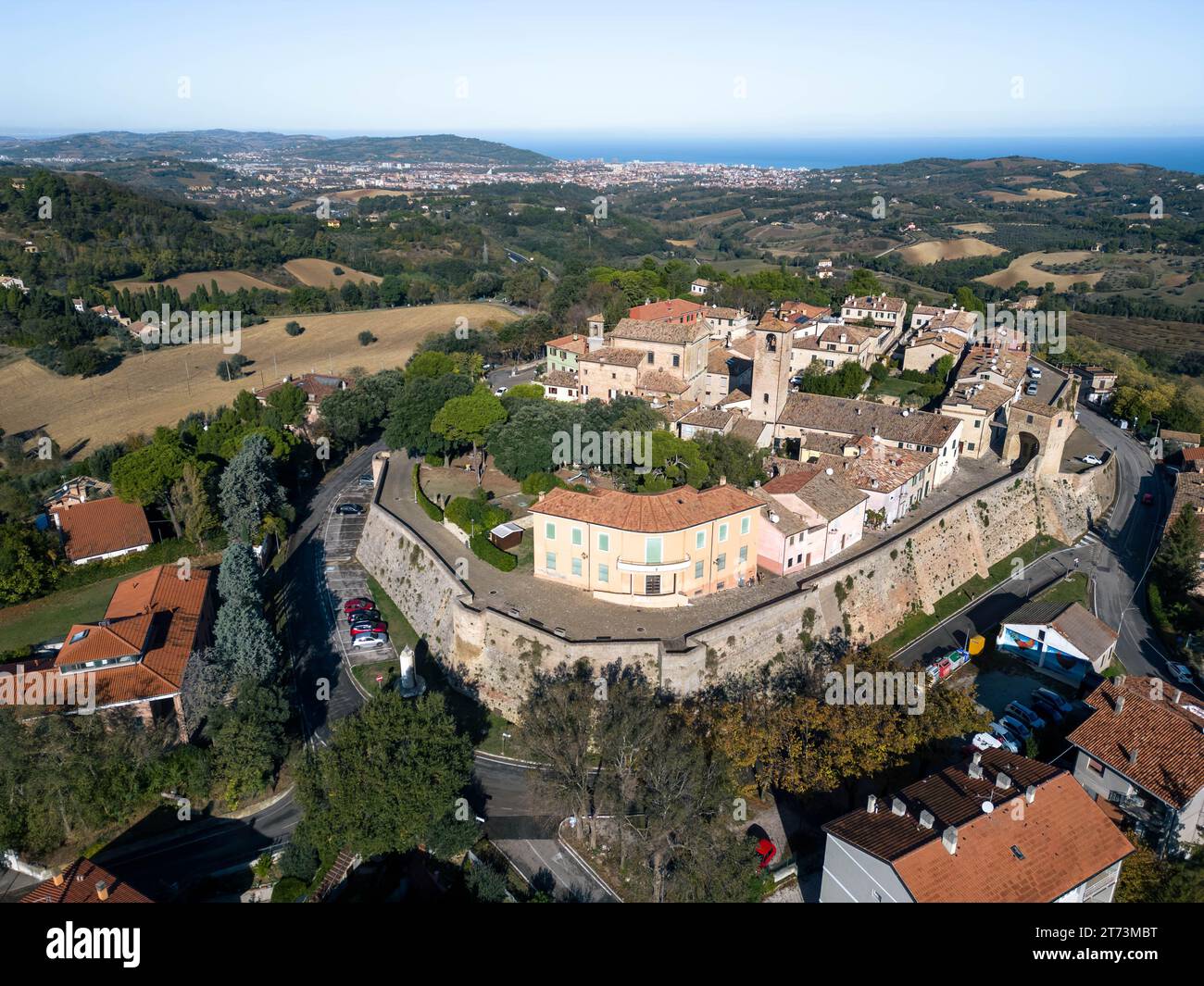 Aerial view of the picturesque medieval village of Novilara in the ...