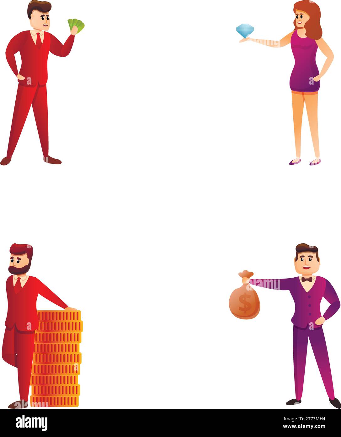 Rich people icons set cartoon vector. Human with diamond and full money ...