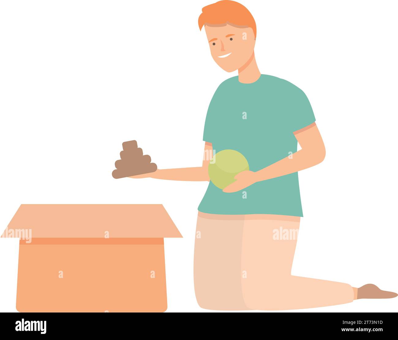 Boy tidying up toys in box icon cartoon vector. House cleaning up ...