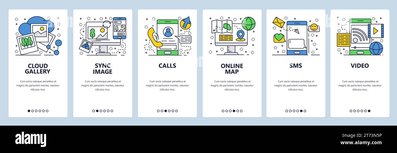 Vector Web Site Linear Art Onboarding Screens Template Mobile Phone Online Services Cloud Sync