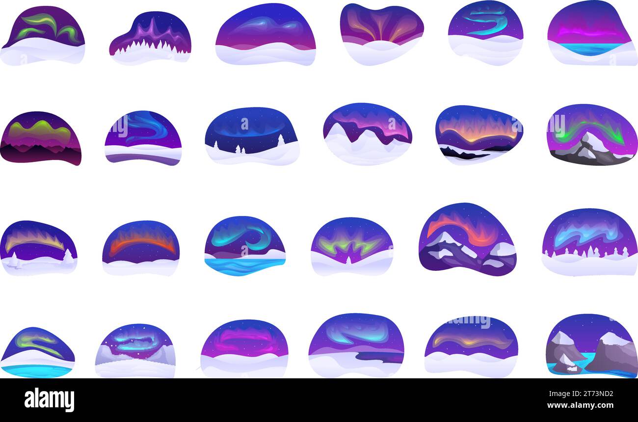 Northern lights icons set cartoon vector. Natural hill. Wind solar ...