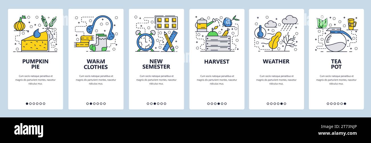 Vector web site linear art onboarding screens template. Harvest ...