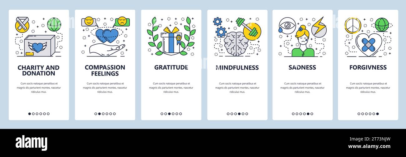 Vector web site linear art onboarding screens template. Human fellings ...